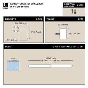 Umbra Cappa Curtain Rod, Includes 2 Matching Finials, Brackets & Hardware, 36 to 66-Inches, Gold