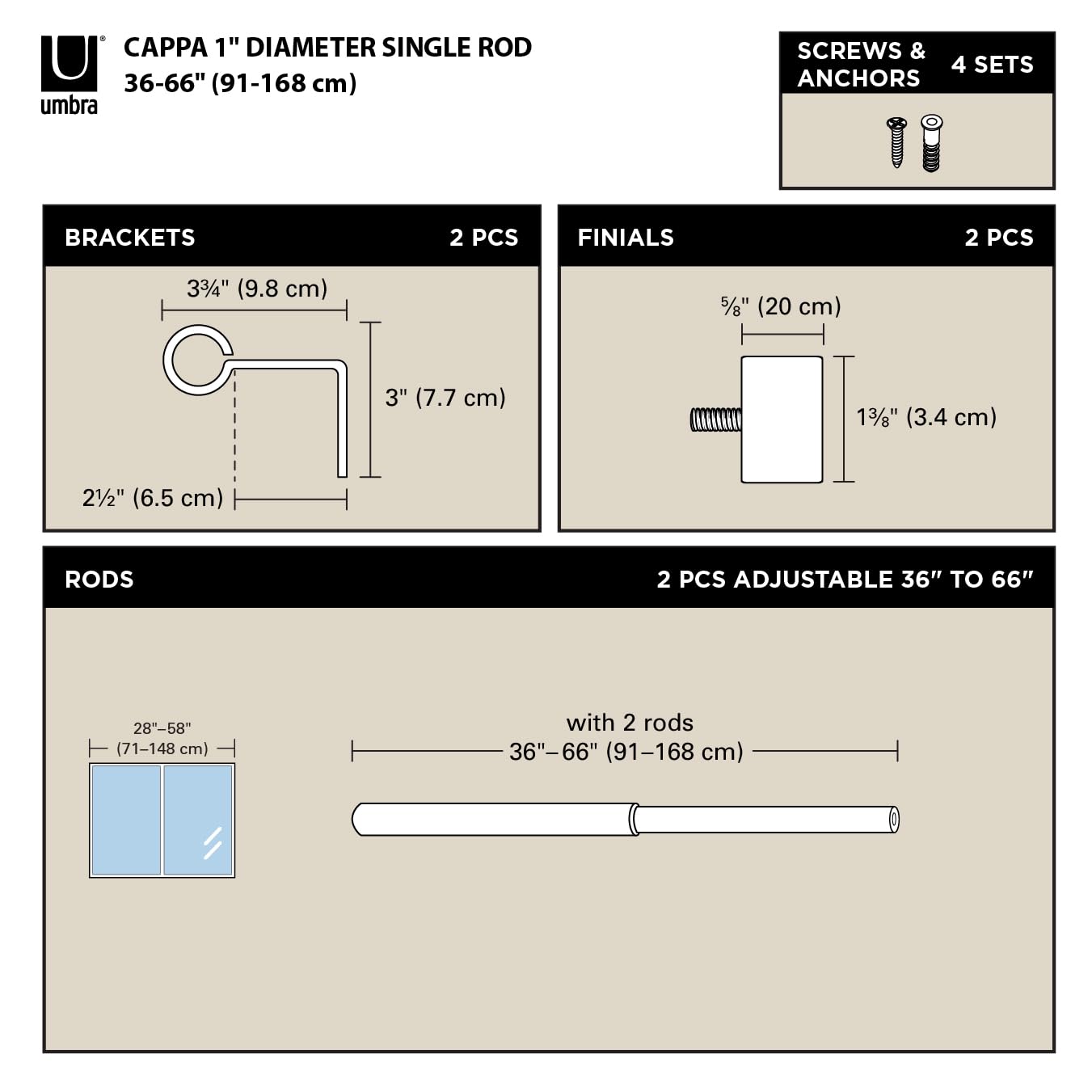 Umbra Cappa Curtain Rod, Includes 2 Matching Finials, Brackets & Hardware, 36 to 66-Inches, Gold