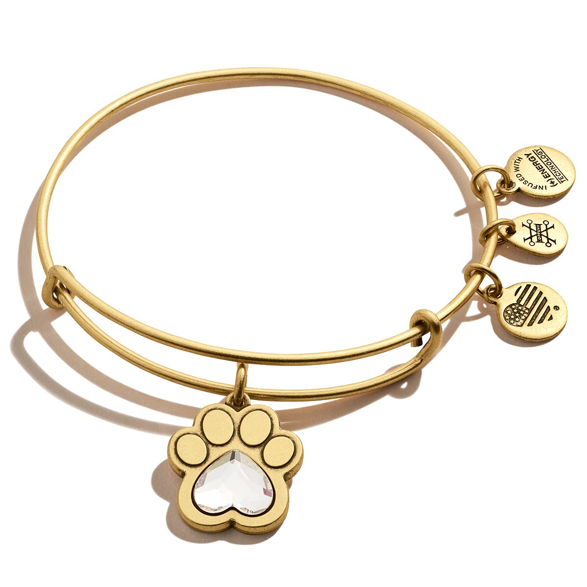 Alex and Ani Tokens Expandable Bangle for Women, Crystal Paw Prints of Love Charm, Rafaelian Gold Finish, 2 to 3.5 in