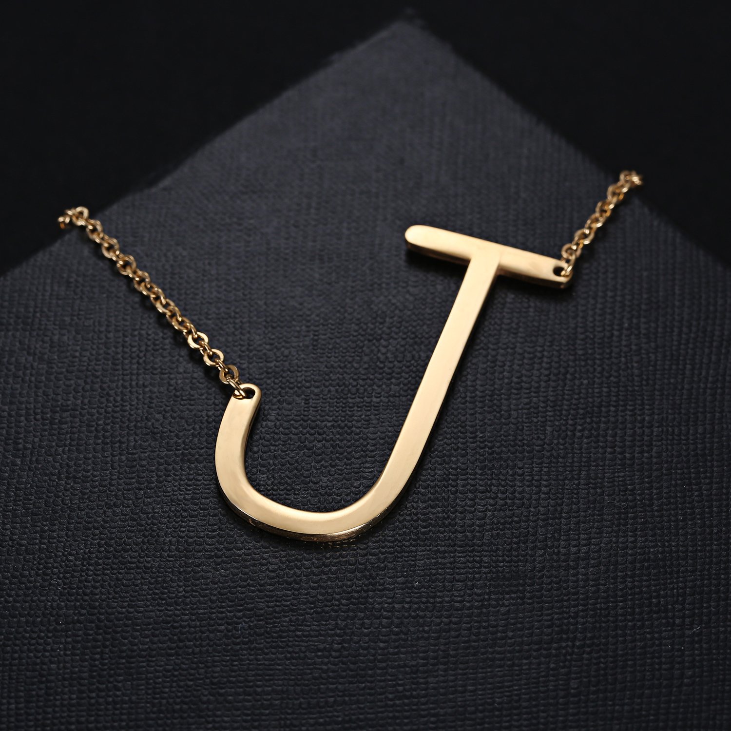 RINHOO Sideways Large Initial Necklace 18k Gold Plated Stainless Steel Big Letter Script Name Monogram Pendant Necklace for Women Gift(from Alphabet 26 A-Z)