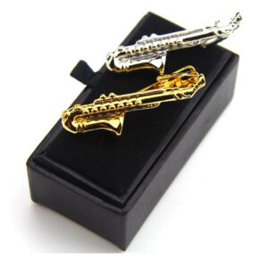 ZUNON Saxophone Tie Clips Sax Tie Bar Tacks Mens Silver Golden Tone Music instrument Tie Clasps Musician Gifts