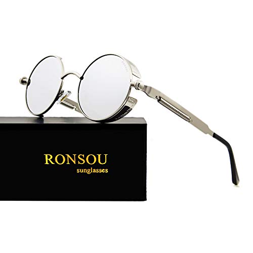 RONSOU Steampunk Style Round Vintage Polarized Sunglasses Retro Eyewear UV400 Protection Matel Frame Silver Frame Silver Lens