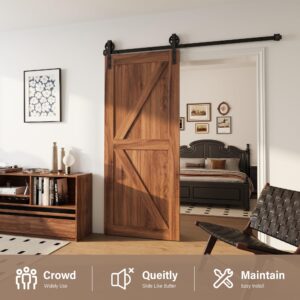 WINSOON 5-16FT Single Wood Sliding Barn Door Hardware Kit 6FT Basic Black Big Spoke Wheel Roller Garage Closet Carbon Steel Flat Track System (6FT)