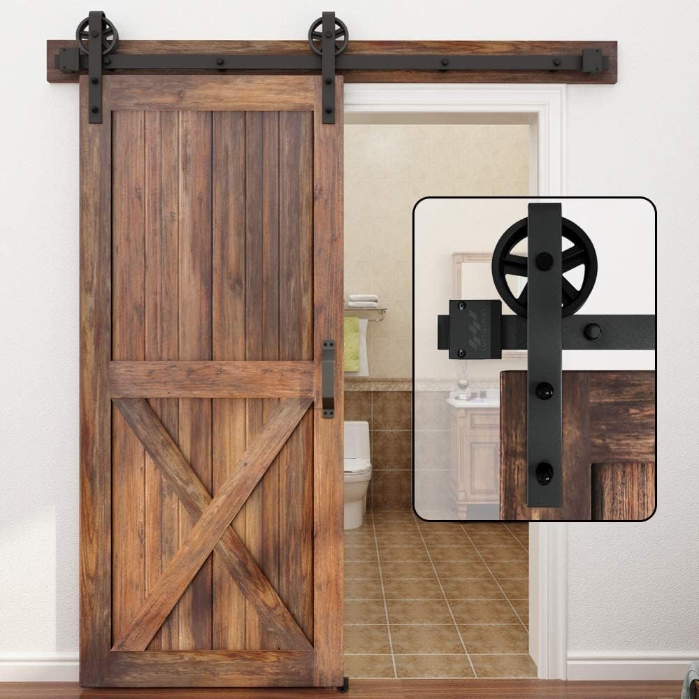 WINSOON 5-16FT Single Wood Sliding Barn Door Hardware Kit 5FT Basic Black Big Spoke Wheel Roller Garage Closet Carbon Steel Flat Track System (5FT)