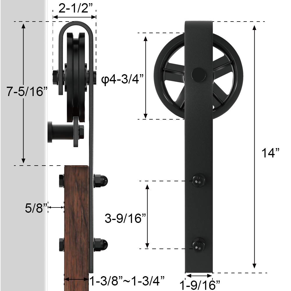 WINSOON 5-16FT Single Wood Sliding Barn Door Hardware Kit 5FT Basic Black Big Spoke Wheel Roller Garage Closet Carbon Steel Flat Track System (5FT)