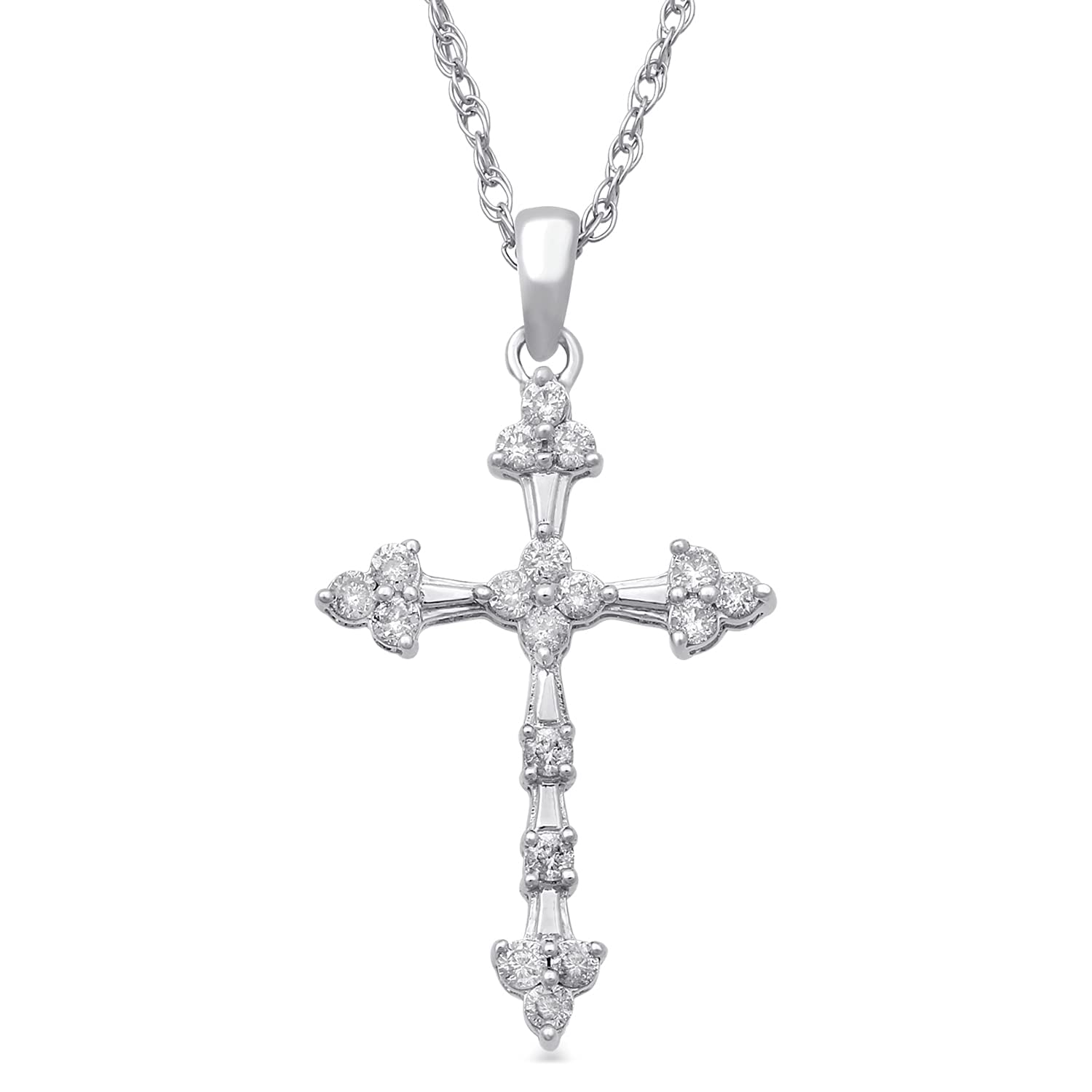 Jewelili 10K White Gold 1/4 Cttw Natural White Round Diamonds Cross Pendant Necklace, 18" Rope Chain