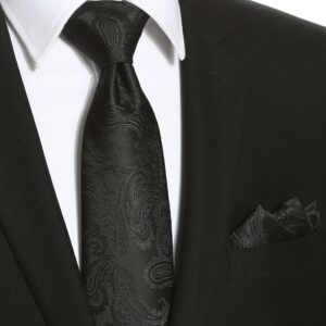 KissTies Extra Long Tie Set: Black Paisley Necktie + Hanky + Gift Box (63'' XL)