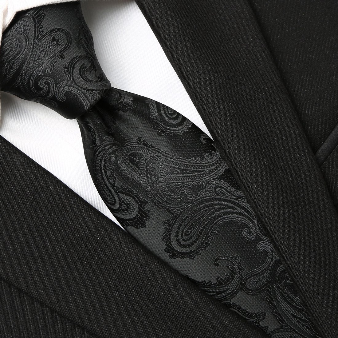 KissTies Extra Long Tie Set: Black Paisley Necktie + Hanky + Gift Box (63'' XL)