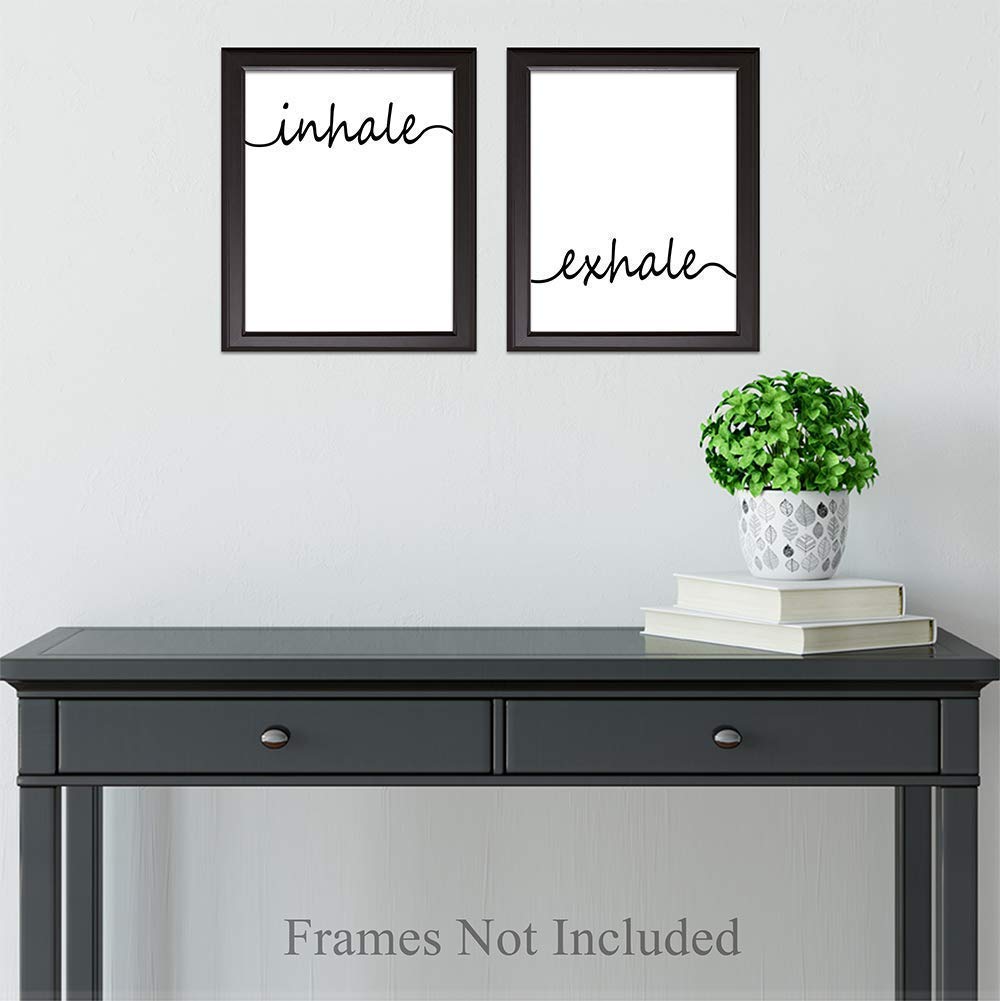 Inhale Exhale - Great Yoga Poster for Gym, Calming Home and Bedroom Decor, Calm and Peace Minimalist Quote, 11x14 Unframed Typography Art Print Poster, Set of 2 Black and White