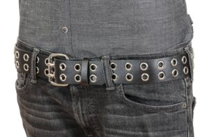 two row eyelet grommet uniform belt made in usa genuine leather punk goth thrash metal (m-34) black