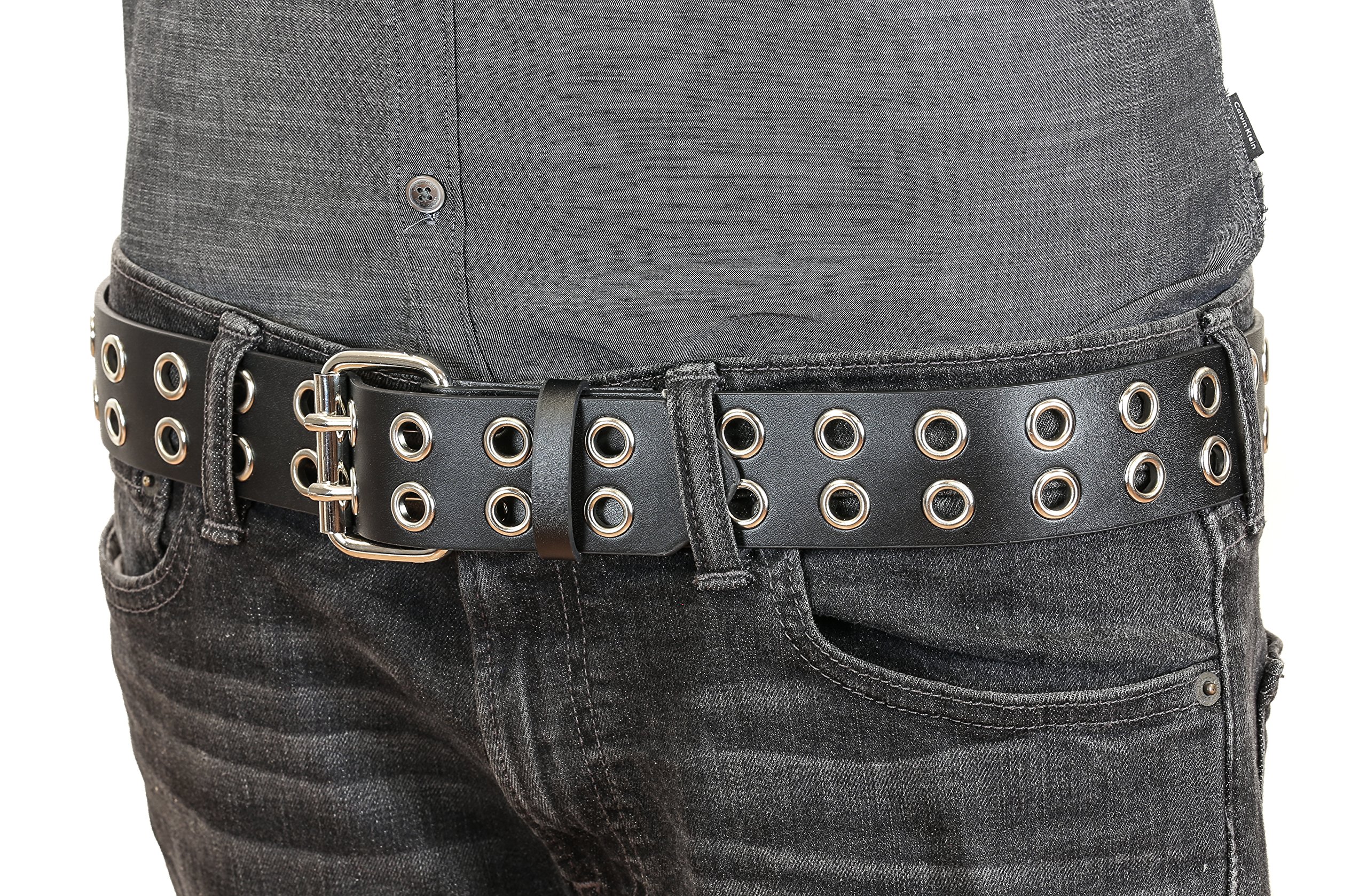 Two Row Eyelet Grommet Uniform Belt Made in USA Genuine Leather Punk Goth Thrash Metal (M-34) Black