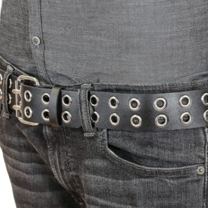 Two Row Eyelet Grommet Uniform Belt Made in USA Genuine Leather Punk Goth Thrash Metal (M-34) Black