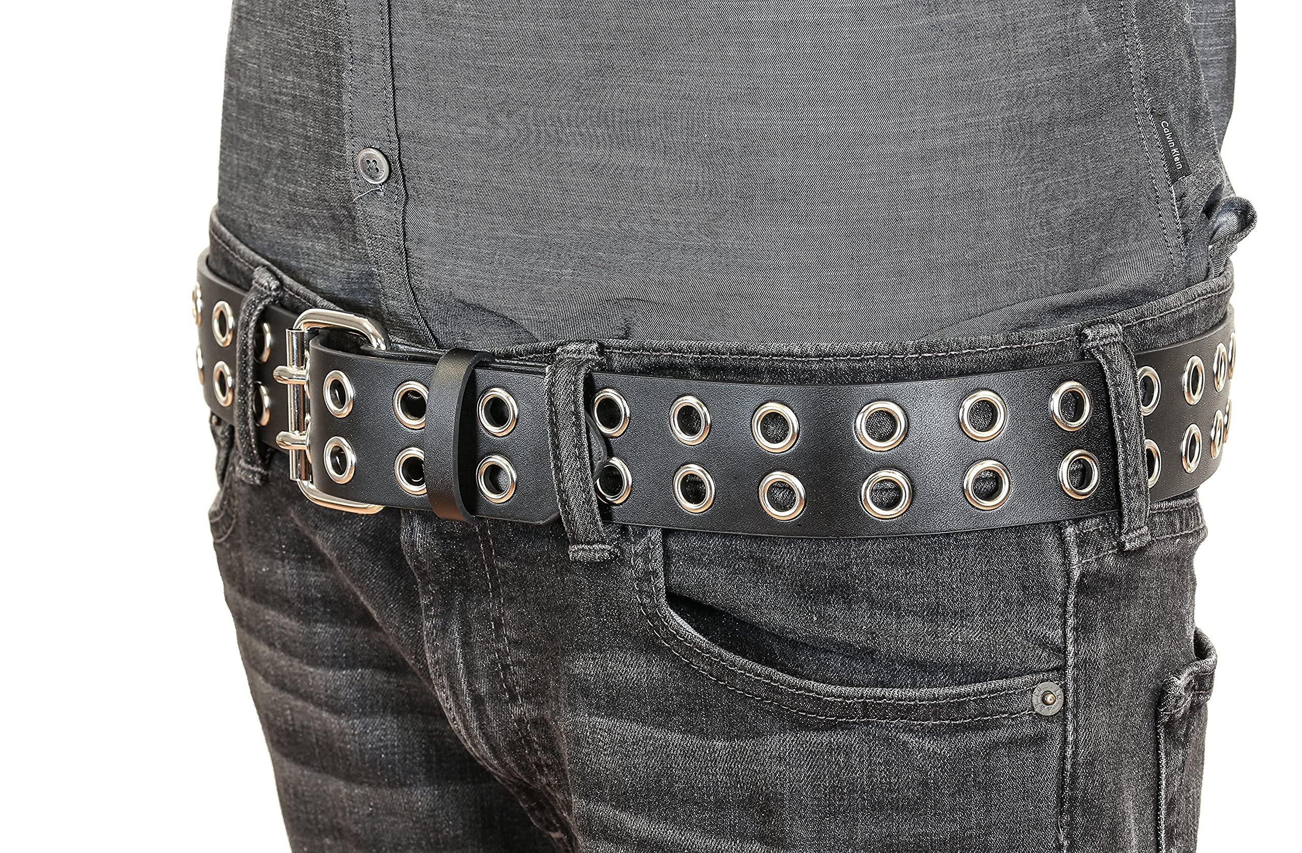 Two Row Eyelet Grommet Uniform Belt Made in USA Genuine Leather Punk Goth Thrash Metal (M-34) Black