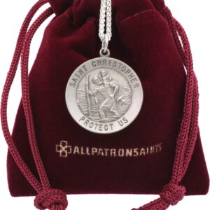 All Patron Saints Round St. Christopher Necklace Medal Solid 925 Sterling Silver With Jewelry Gift Box - Personalized Engraving (Size 25 MM (Adult Male)