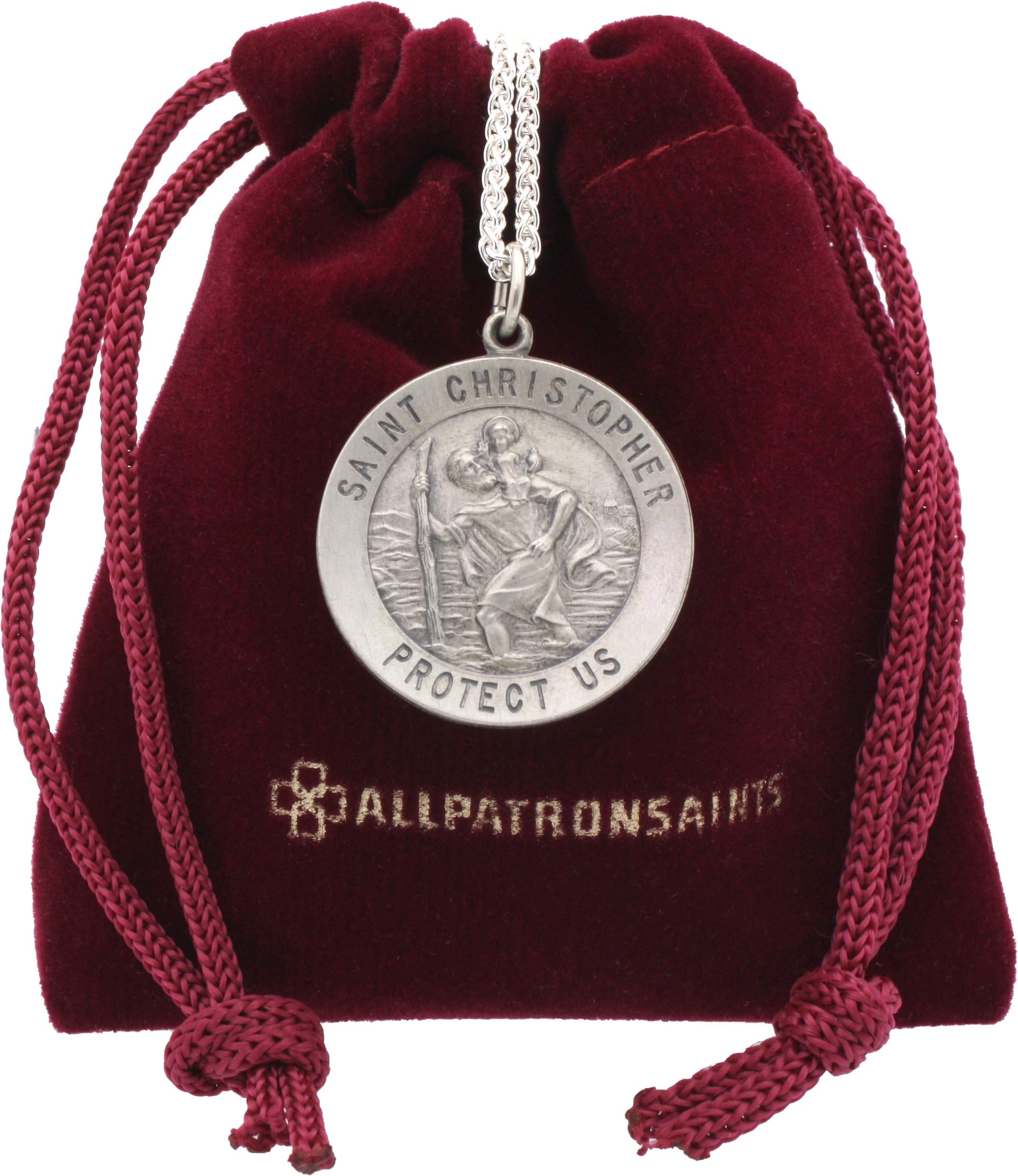 All Patron Saints Round St. Christopher Necklace Medal Solid 925 Sterling Silver With Jewelry Gift Box - Personalized Engraving (Size 25 MM (Adult Male)