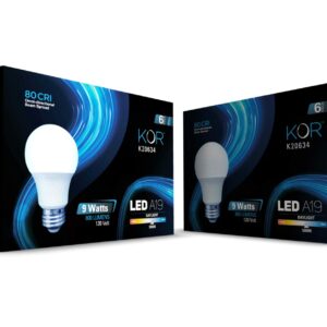 (6 PACK) KOR 9W LED A19 Light Bulb – (60W Equivalent), UL Listed, 5000K (Bright White – Daylight), 750 Lumens, Non-Dimmable, LED 9-Watt Standard Replacement Bulbs With E26 Base, 15000 Hours, Long Life