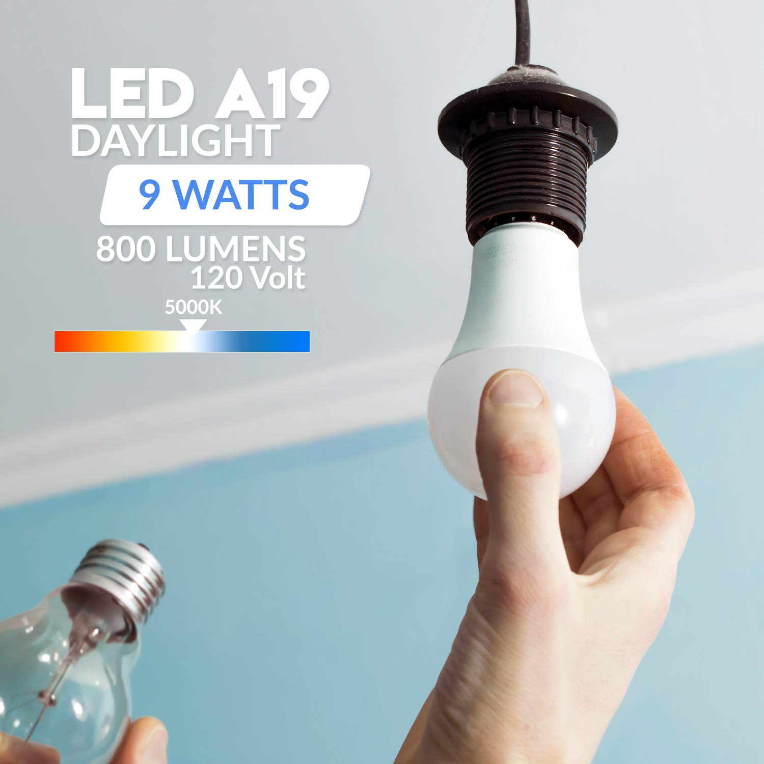 (6 PACK) KOR 9W LED A19 Light Bulb – (60W Equivalent), UL Listed, 5000K (Bright White – Daylight), 750 Lumens, Non-Dimmable, LED 9-Watt Standard Replacement Bulbs With E26 Base, 15000 Hours, Long Life