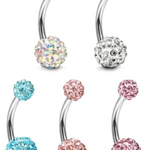 FIBO STEEL 5 Pcs 14G Stainless Steel Belly Button Rings Navel Barbell Body Jewelry Piercing P