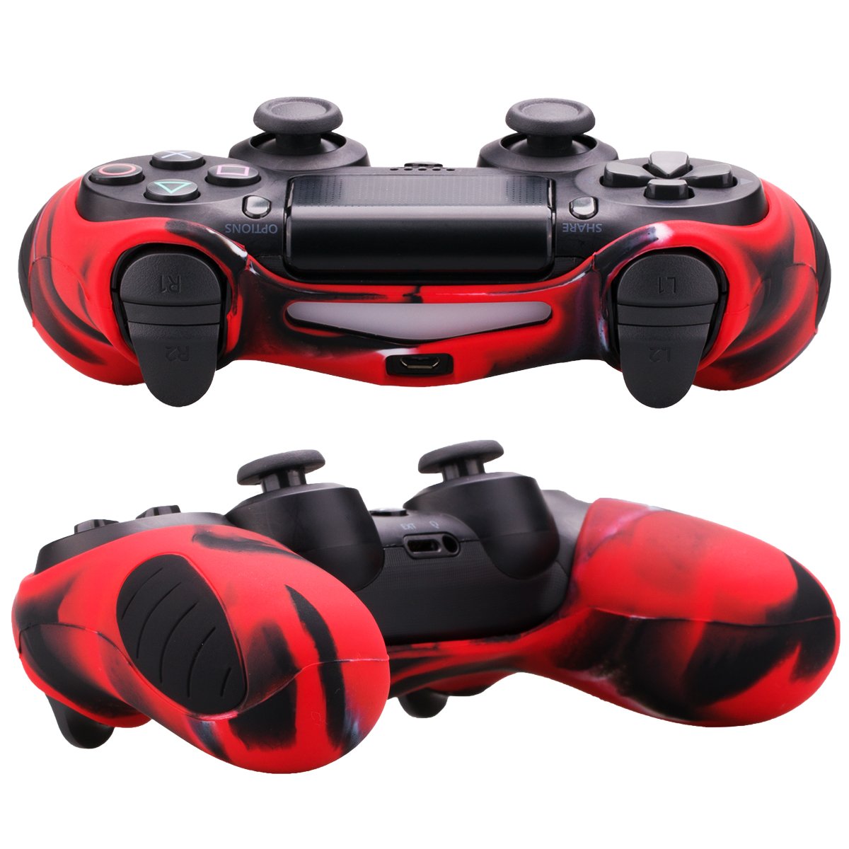 YoRHa Silicone Half Extra Thick Cover Skin Case for Sony PS4/slim/Pro Dualshock 4 Controller x 1(Camouflage red) with Pro Thumb Grips x 8