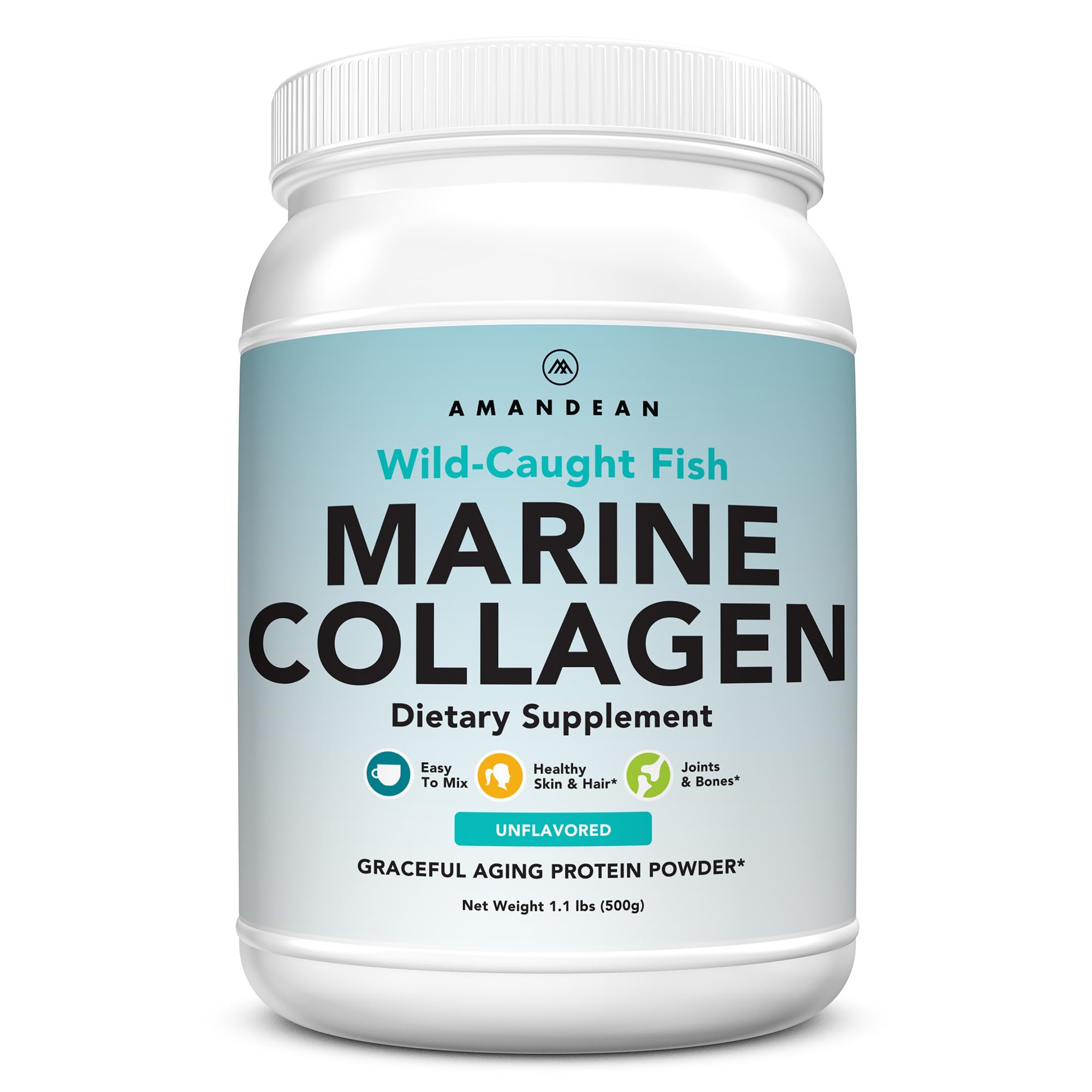 AMANDEAN Premium Anti-Aging Marine Collagen Peptides Powder. 500g Wild-Caught Hydrolyzed Fish Collagen Supplement. Type 1 & 3 Collagen Protein. 18 Amino Acids for Skin, Hair, Nails.