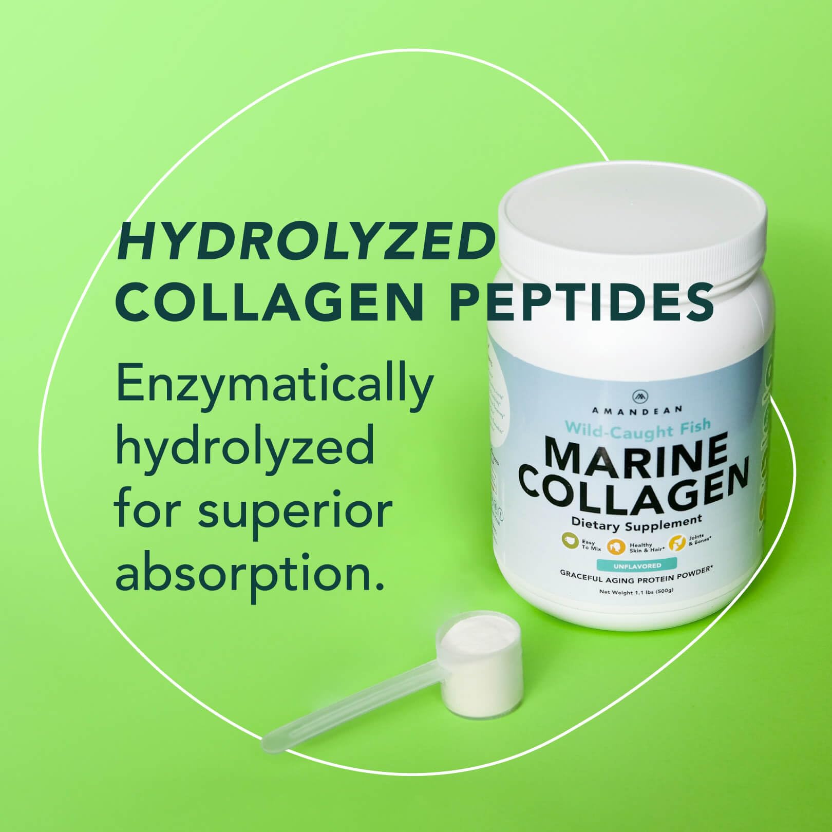 AMANDEAN Premium Anti-Aging Marine Collagen Peptides Powder. 500g Wild-Caught Hydrolyzed Fish Collagen Supplement. Type 1 & 3 Collagen Protein. 18 Amino Acids for Skin, Hair, Nails.