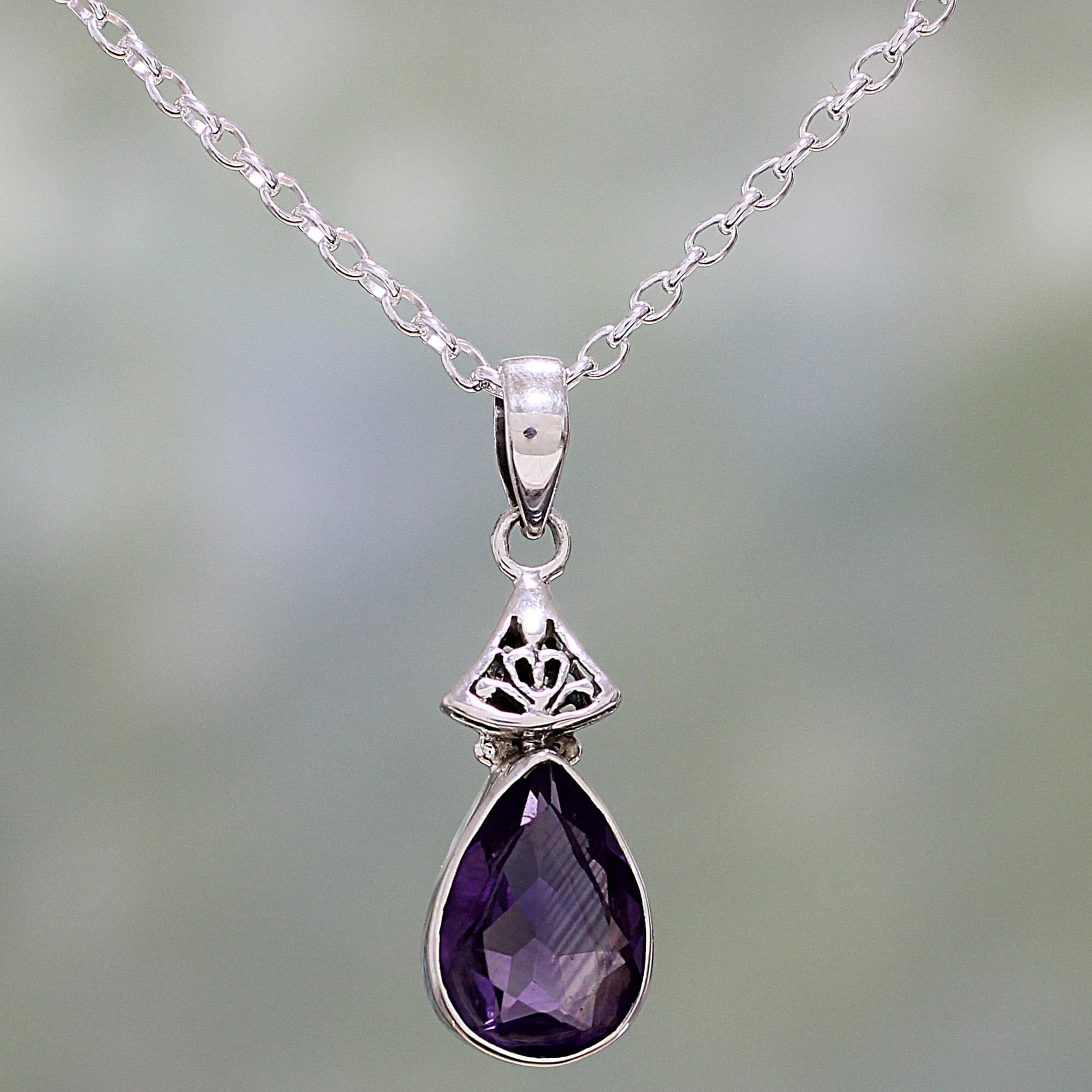 NOVICA Artisan Amethyst Pendant Necklace Faceted and Sterling Silver from India Purple Birthstone [18 in L 2 mm W Pendant(s) 1.3 in L x 0.4 in W x 0.2 in D] ' Lavender Drop'