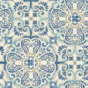 nuwallpaper nu2235 florentine tile peel & stick wallpaper, blue