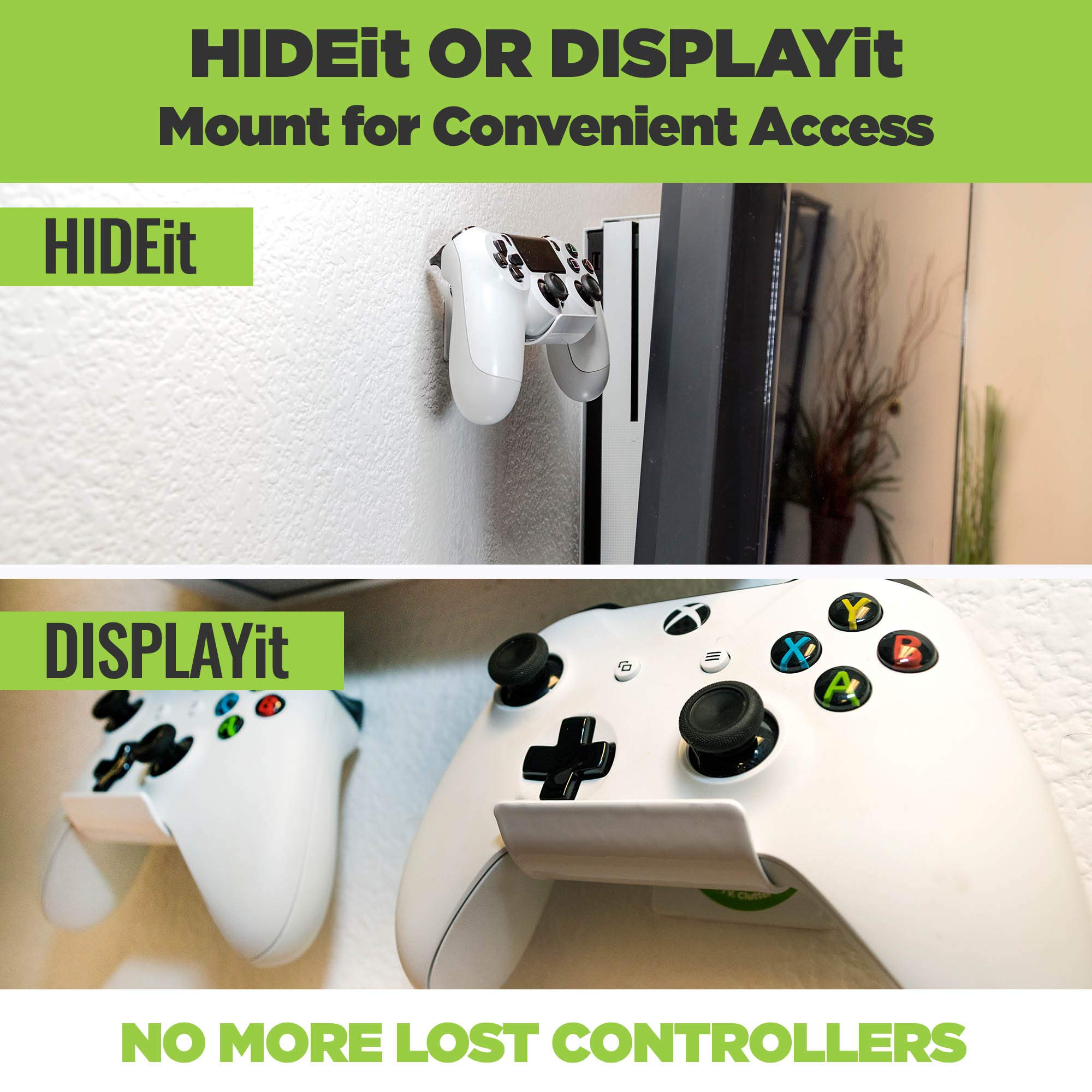 HIDEit Mounts Uni-C Controller Wall Mount (2-Pack White), American Company - Mount for Video Game Controllers, Compatible with Playstation, Xbox, NVIDIA, Nintendo Switch Controllers and More