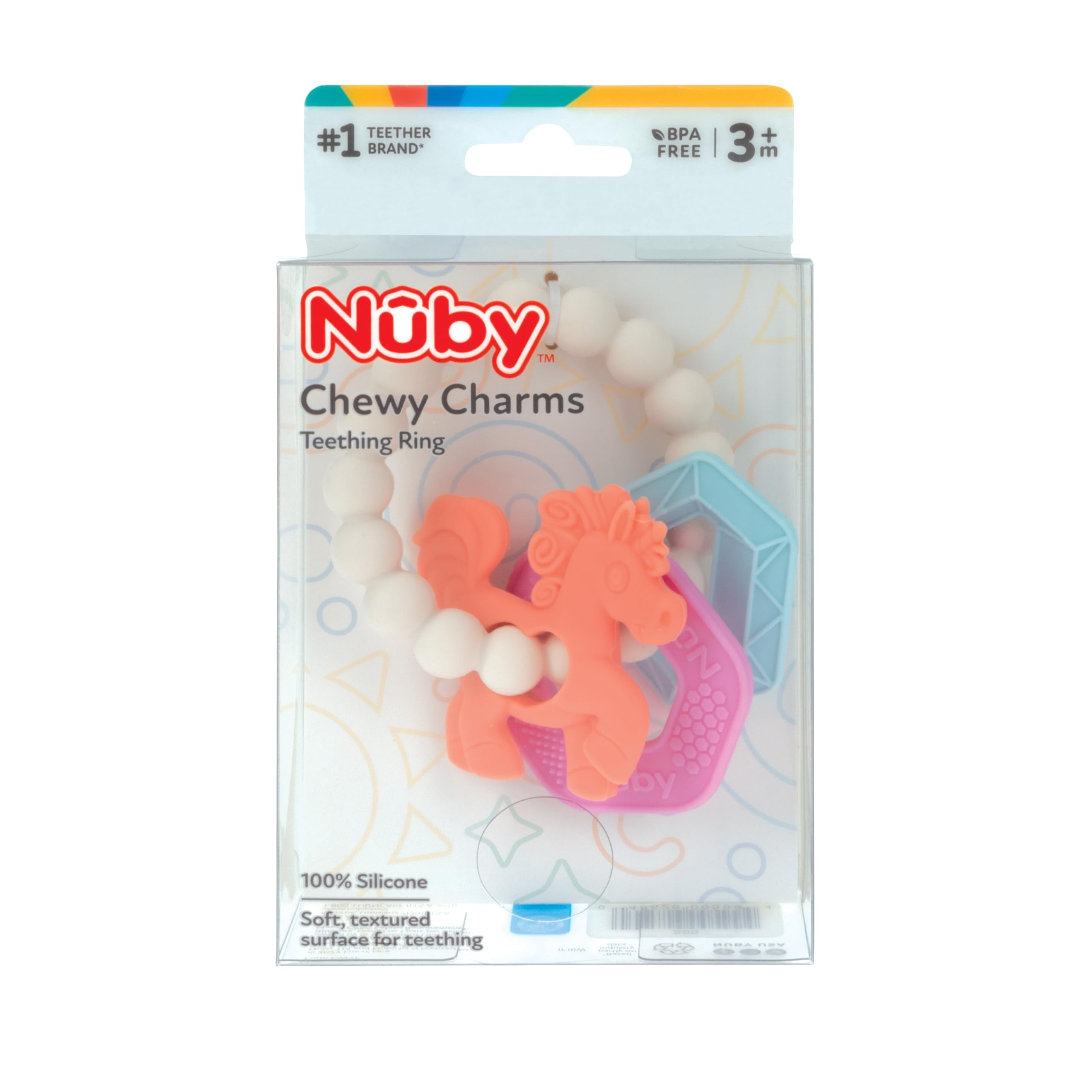 Nuby Chewy Charms Silicone Teether with Coral Unicorn, 1 Count (Pack of 1)