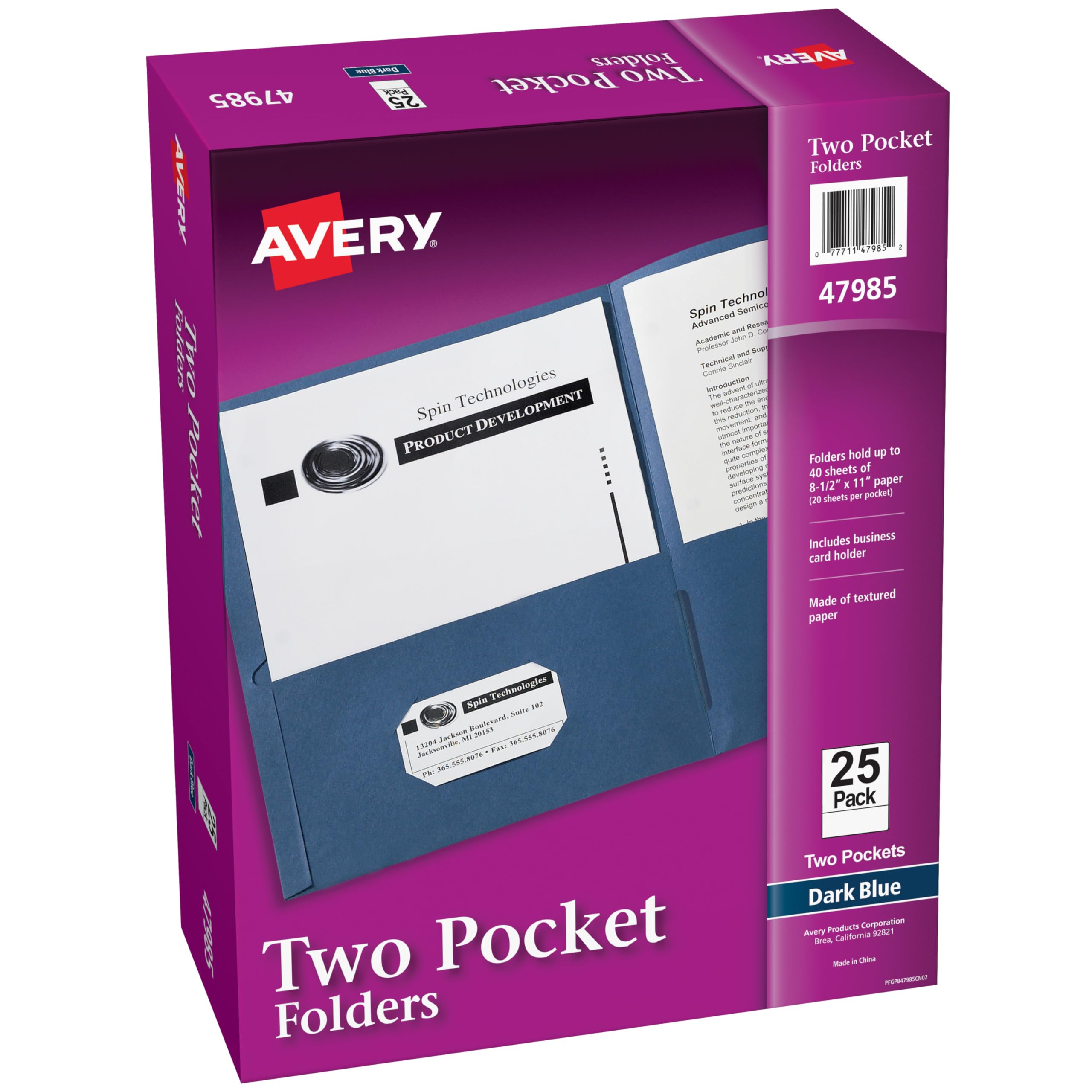 Avery Two Pocket Folders, Holds up to 40 Sheets, Business Card Slot, Ideal for Portfolio Folders, Presentation Folders, and School Folders, Case Pack of 125 Dark Blue Folders (47985)