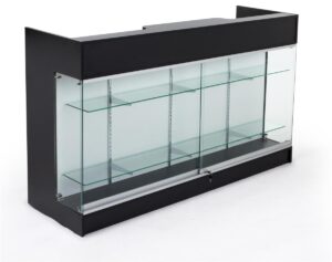 displays2go 6ft retail sales counter with glass shelves, tempered glass, laminated particle board, locking drawers – black (mrclsc72bk)