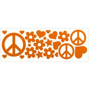 litemark reflective orange sixties peace and love sticker, 60's style - pack of 22 pcs (hearts, stars, flowers, and peace signs)