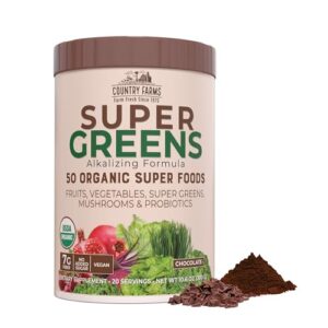 country farms super greens chocolate flavor, 50 organic super foods, usda organic drink mix, fruits, vegetables, super greens, mushrooms & probiotics, supports energy, 20 servings, 10.6 oz