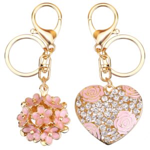 Flower Ball Keychain and Sweet Love Heart Rose Crystal Key Chain for Women Pink Flower Girly Charm Keyring, 2 Pieces, Medium