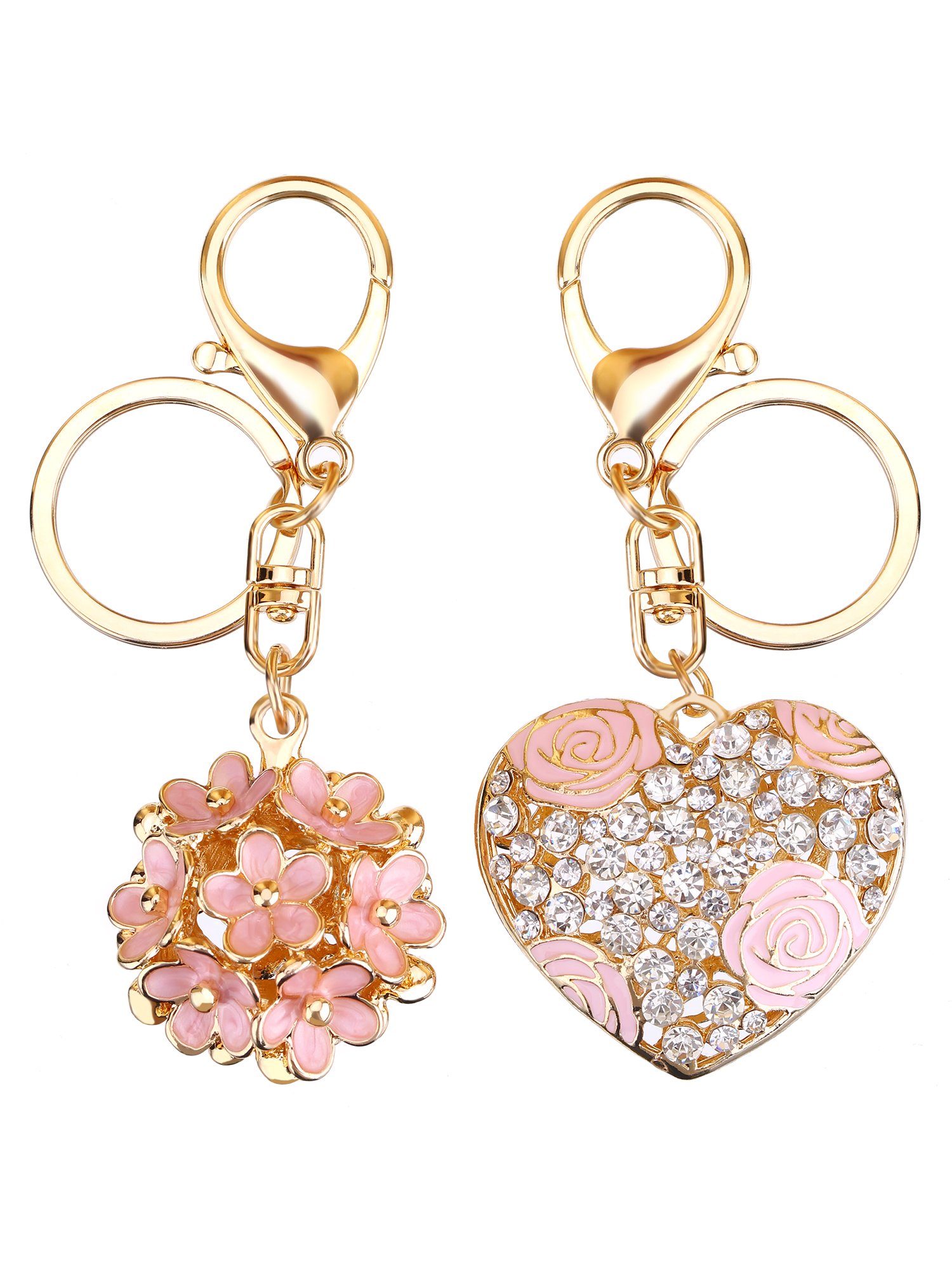 Flower Ball Keychain and Sweet Love Heart Rose Crystal Key Chain for Women Pink Flower Girly Charm Keyring, 2 Pieces, Medium