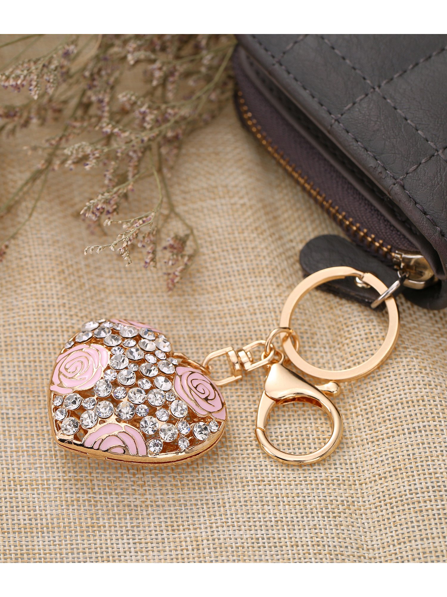 Flower Ball Keychain and Sweet Love Heart Rose Crystal Key Chain for Women Pink Flower Girly Charm Keyring, 2 Pieces, Medium