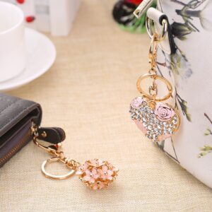 Flower Ball Keychain and Sweet Love Heart Rose Crystal Key Chain for Women Pink Flower Girly Charm Keyring, 2 Pieces, Medium