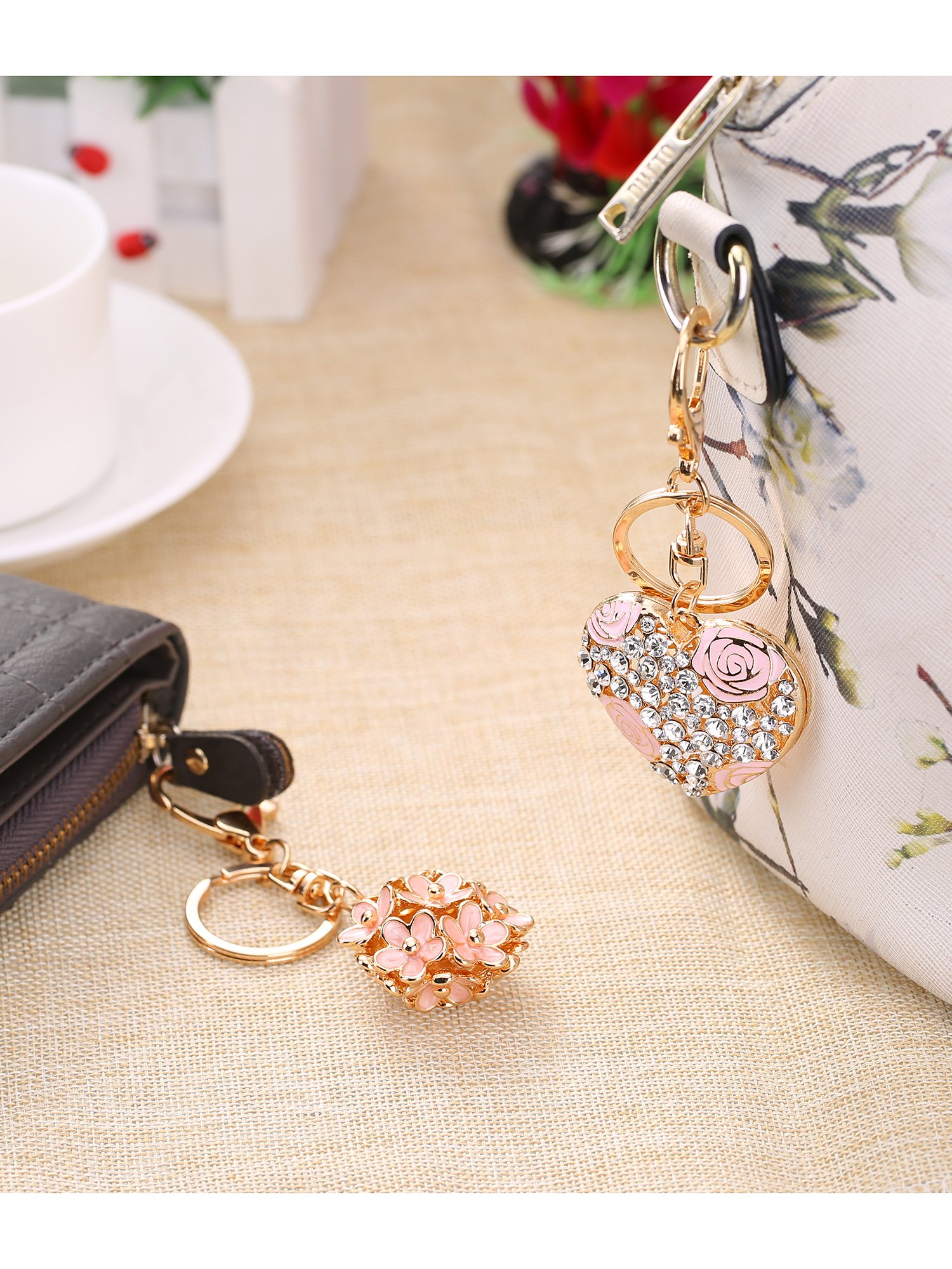 Flower Ball Keychain and Sweet Love Heart Rose Crystal Key Chain for Women Pink Flower Girly Charm Keyring, 2 Pieces, Medium