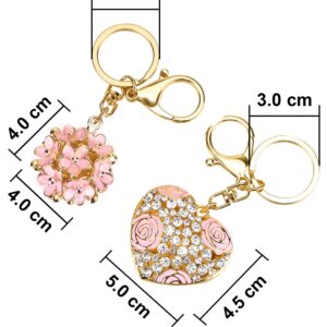 Flower Ball Keychain and Sweet Love Heart Rose Crystal Key Chain for Women Pink Flower Girly Charm Keyring, 2 Pieces, Medium