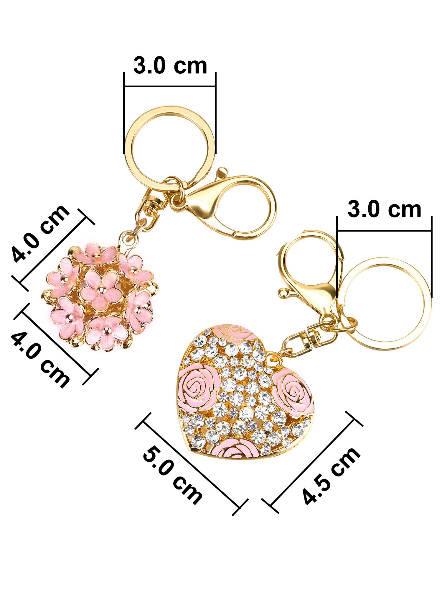 Flower Ball Keychain and Sweet Love Heart Rose Crystal Key Chain for Women Pink Flower Girly Charm Keyring, 2 Pieces, Medium