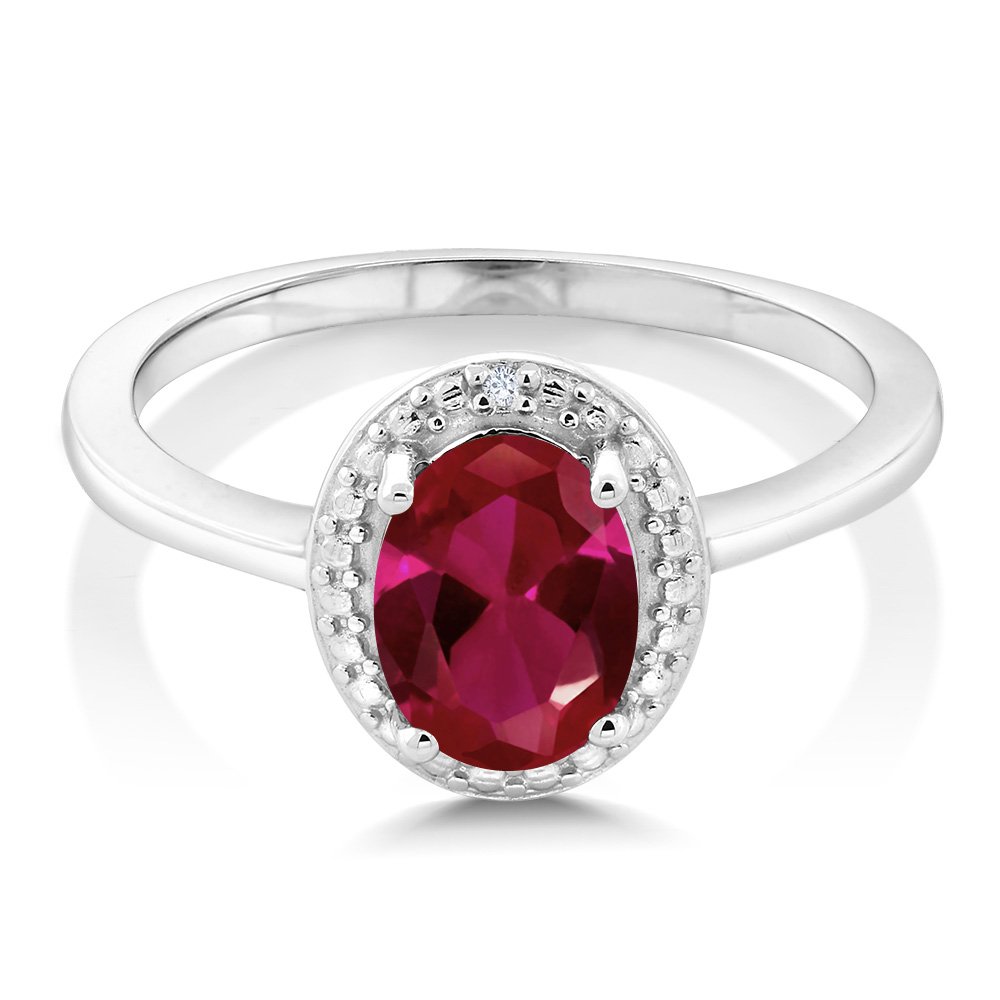 Gem Stone King 925 Sterling Silver Red Created Ruby and White Diamond Engagement Ring For Women (1.16 Cttw, Gemstone July Birthstone, Oval 8X6MM, Available In Size 5, 6, 7, 8, 9)