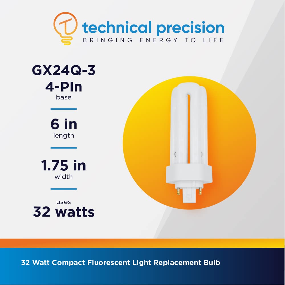 Technical Precision 32W Bulb Triple Tube Compact Fluorescent Light Bulb Replacement for Panasonic FHT32E35 Light Bulb T4 4 Pin CFL Bulb with GX24Q-3 Base - 3500K Neutral White - 2400 Lumens