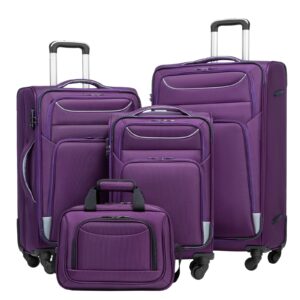 coolife luggage 4 piece set suitcase spinner tsa lock softshell lightweight (purple+sliver)