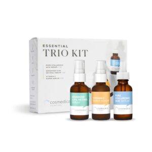 cosmedica skincare facial serum trio set value for clear skin - vitamin c super serum, 2.5% retinol serum, pure hyaluronic acid serum – vegan, cruelty-free skincare 3 pack