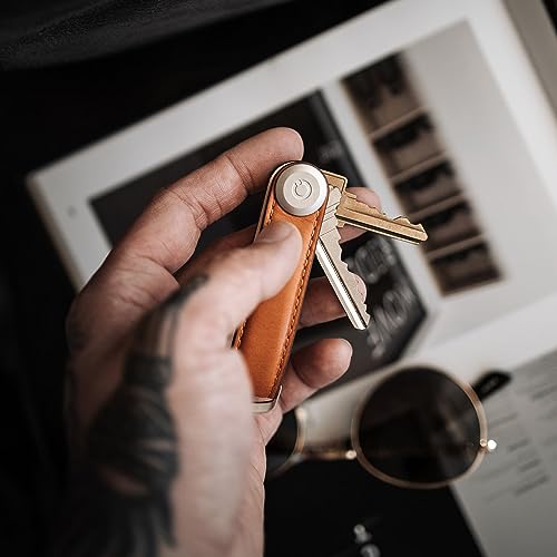 Orbitkey Leather Key Organizer | Durable, Stainless Steel Locking Mechanism, Slim & Quiet Profile | Holds up to 7 Keys, Cognac with Tan Stitching