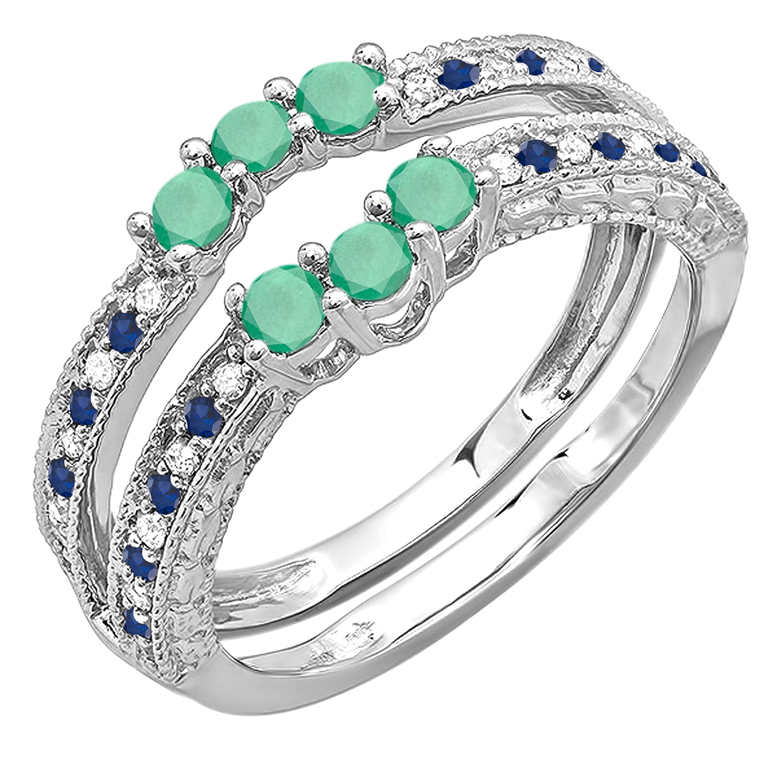 Dazzlingrock Collection Round Emerald, Blue Sapphire & Diamond Wedding Enhancer Double Ring in 14K White Gold, Size 8.5