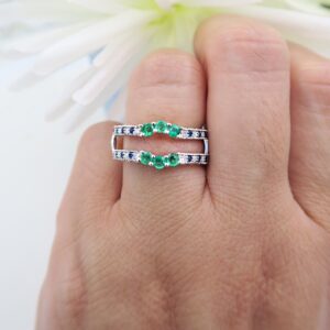 Dazzlingrock Collection Round Emerald, Blue Sapphire & Diamond Wedding Enhancer Double Ring in 14K White Gold, Size 8.5