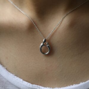 Sterling Silver Necklace Polished Mother and Child Family Love Pendant Necklace 18''