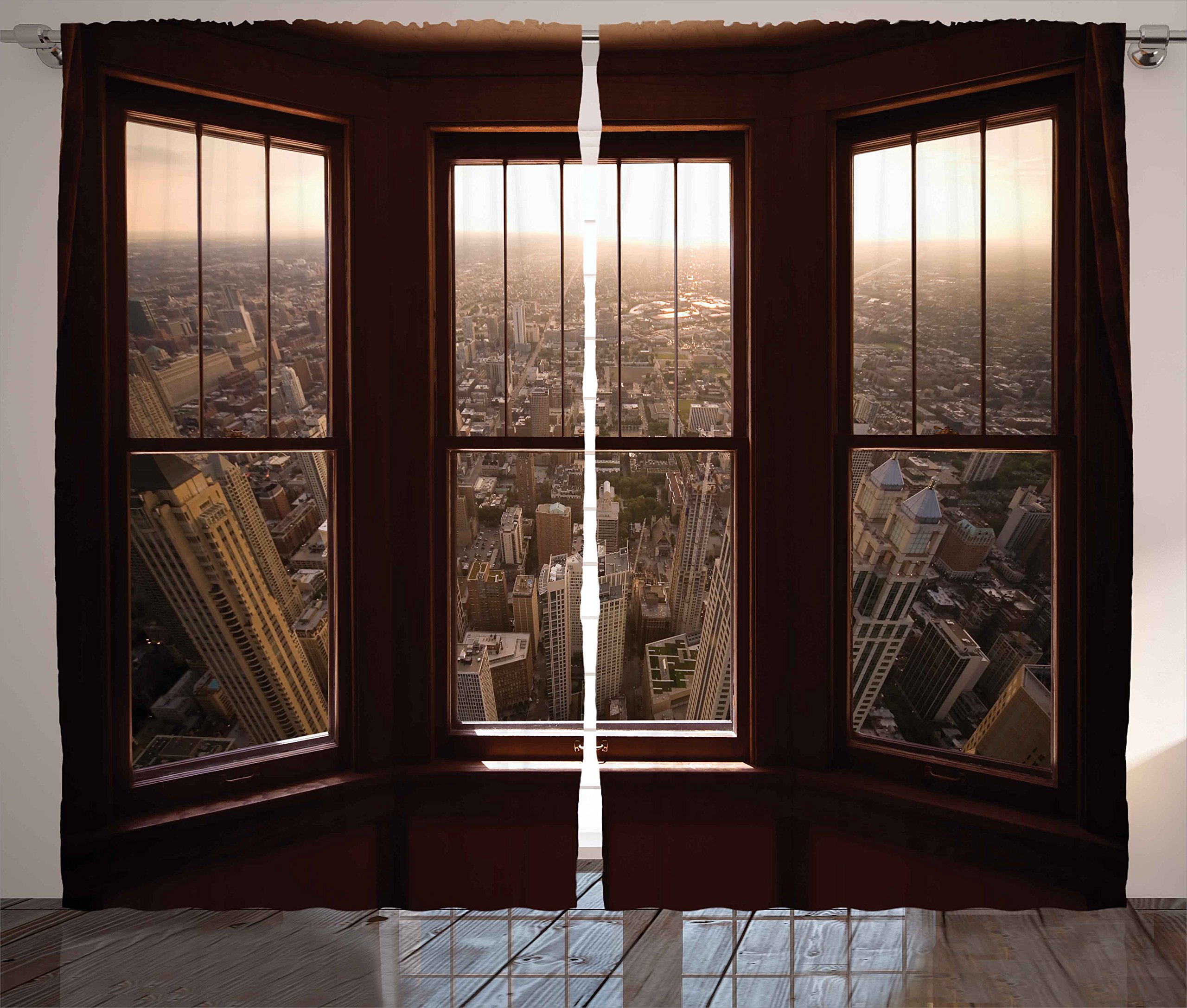 Ambesonne Aerial Curtains, Urban View from The Window View City Dusk Building North American Town Scene, Living Room Bedroom Window Drapes 2 Panel Set, 108" X 84", Brown Taupe