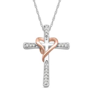 jewelili cross heart necklace pendant in rose gold over sterling silver with 1/10 cttw natural white round diamonds and 18 inch rope chain